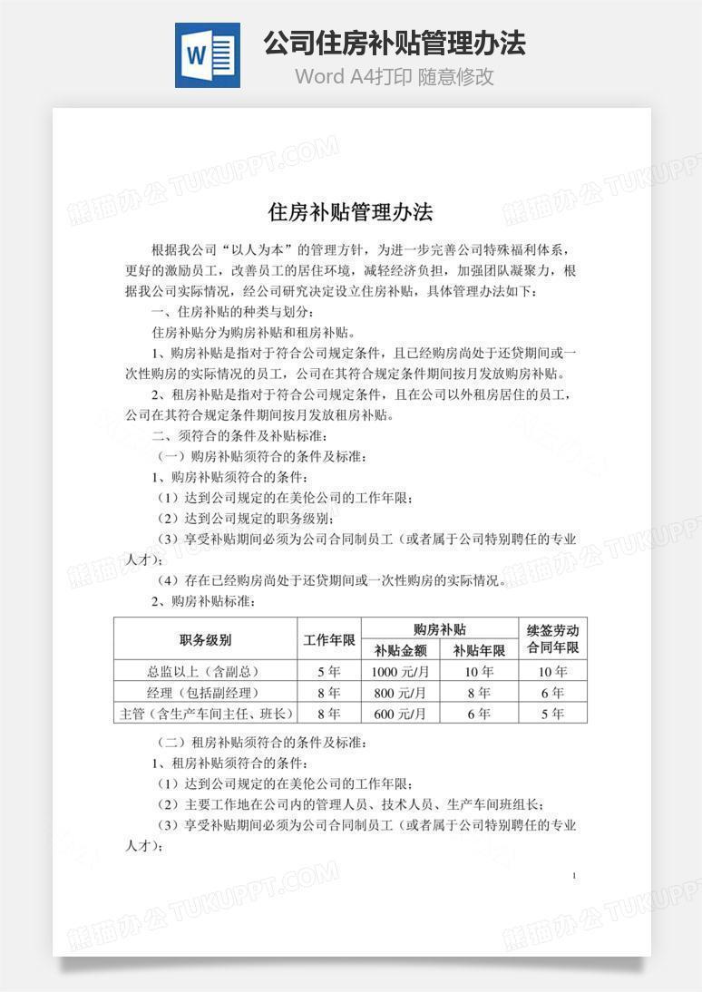 公司住房补贴管理办法文档Word模板下载 编号eqbrgxzq 熊猫办公
