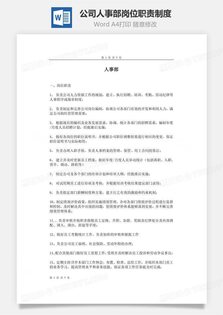 公司人事部岗位职责制度文档Word模板下载 编号alvrjvkl 熊猫办公