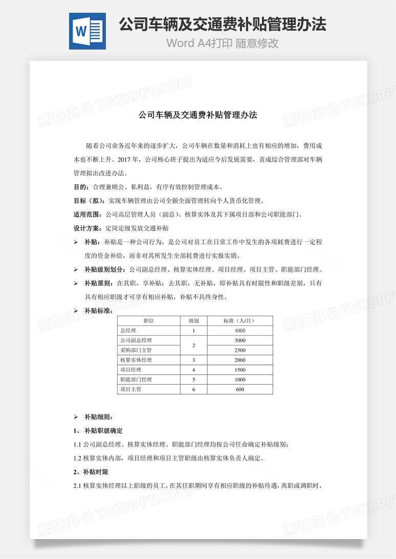 公司车辆及交通费补贴管理办法文档Word模板下载 编号xlxmpppq 熊猫办公