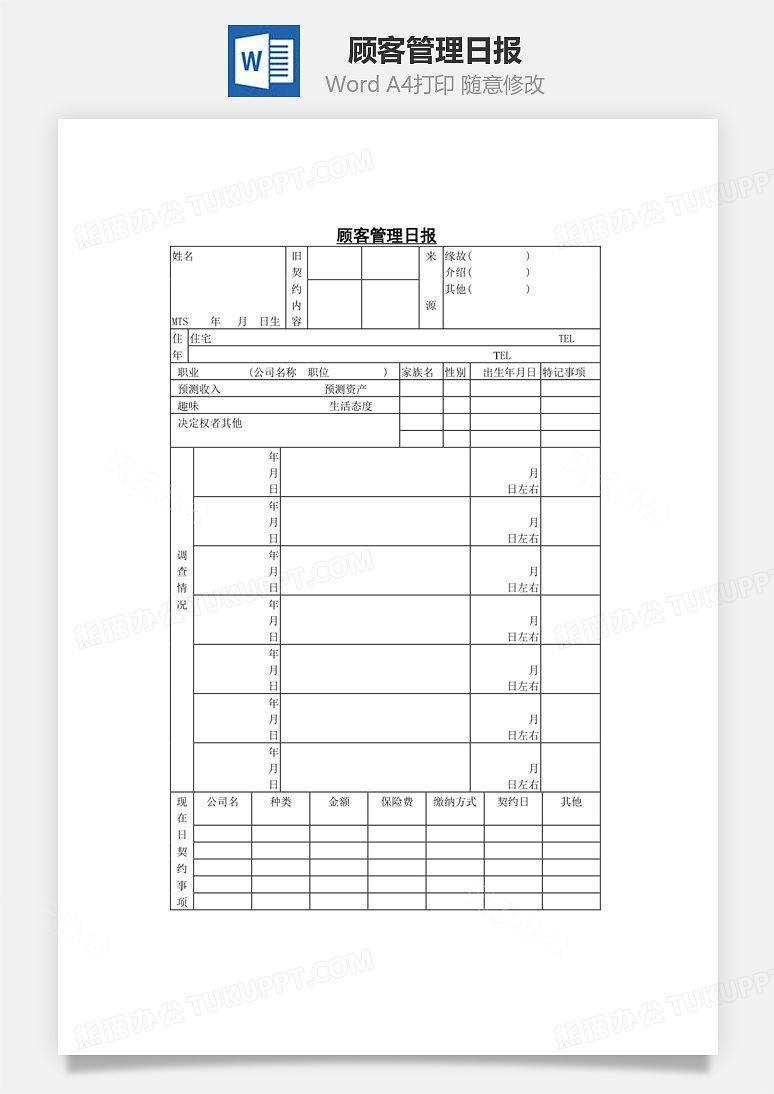 顾客管理日报文档Word模板下载 编号eqbrryvq 熊猫办公