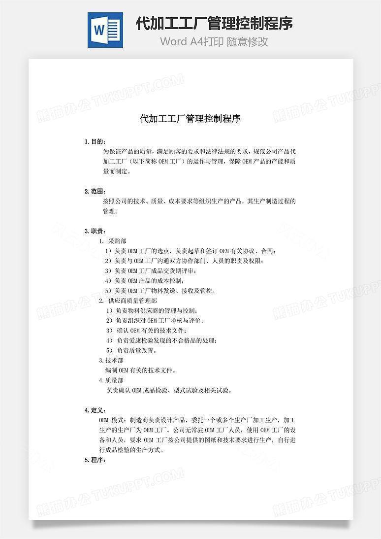 代加工工厂管理控制程序文档Word模板下载 编号eqjxogzq 熊猫办公