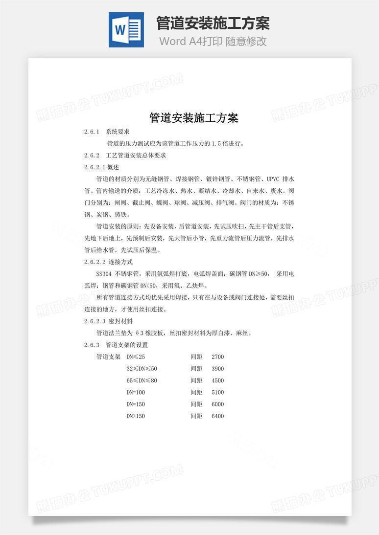 管道安装施工方案文档Word模板下载 编号rlojrorq 熊猫办公
