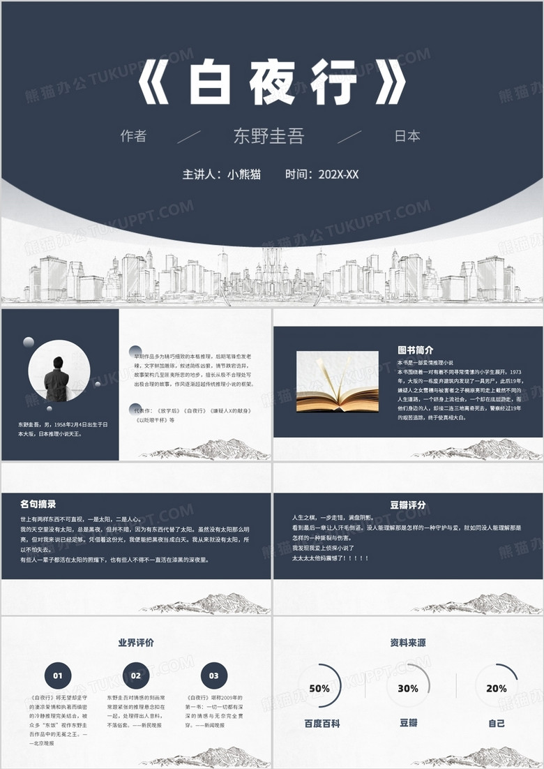 蓝色简约风白夜行介绍PPT模板下载 熊猫办公