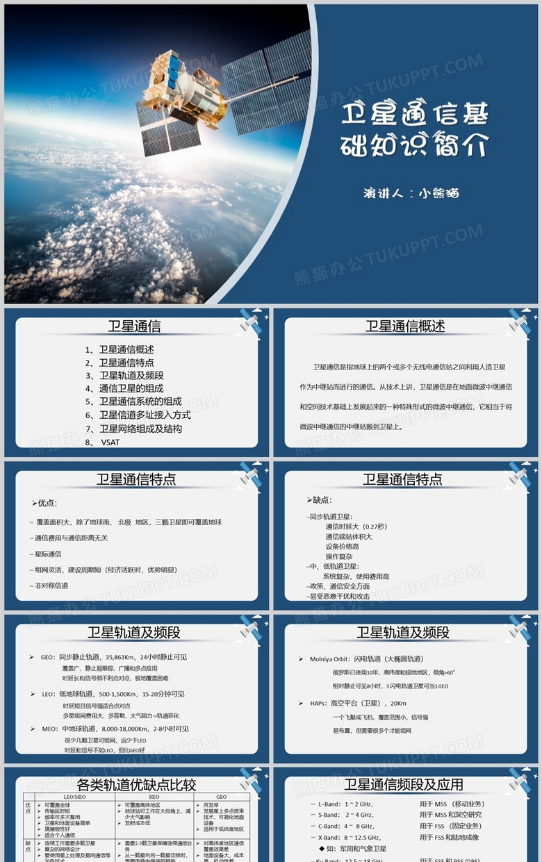 蓝色卫星通信基础知识简介说课课件PPT模板下载 熊猫办公