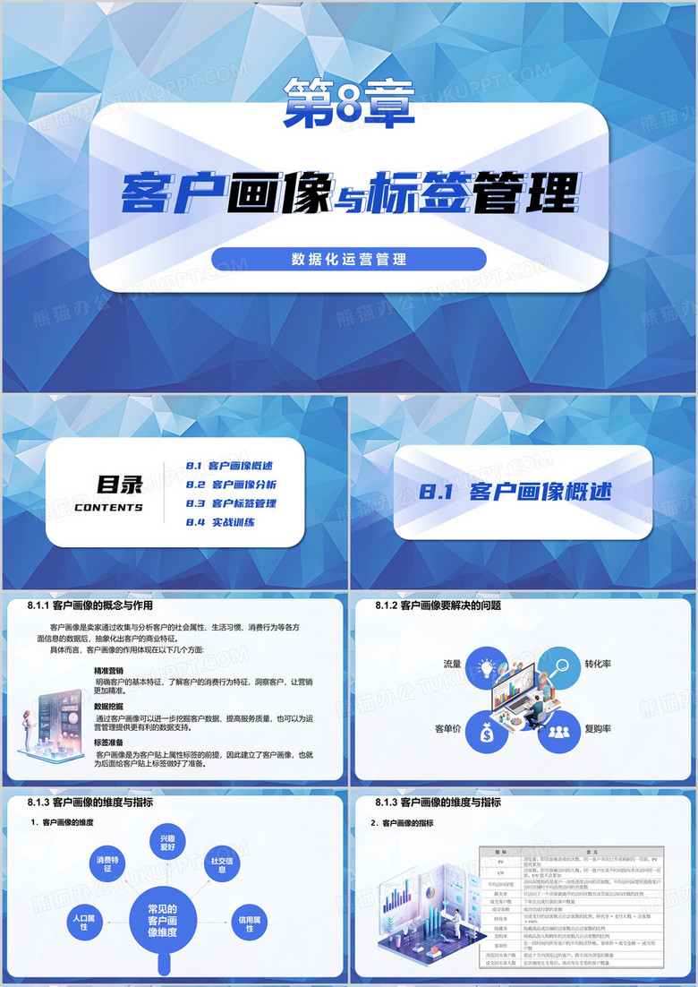 蓝色简约风客户画像与标签管理PPT模板下载 熊猫办公