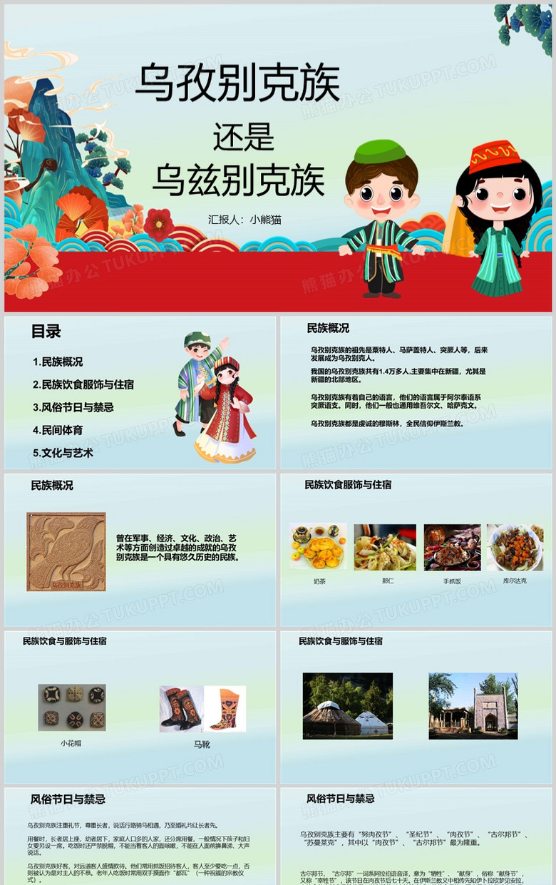蓝色卡通风乌孜别克族介绍PPT模板下载 熊猫办公
