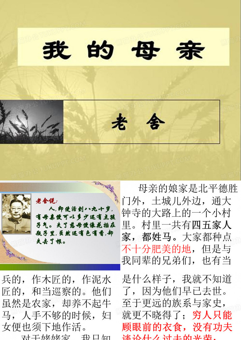 我的母亲老舍PPT模板下载 编号qvxzokxj 熊猫办公