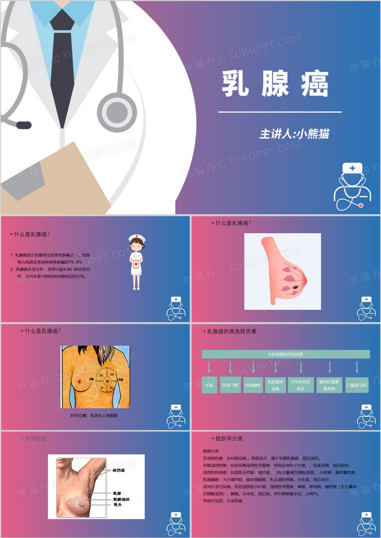扁平乳腺癌术后护理查房PPT模板下载 熊猫办公