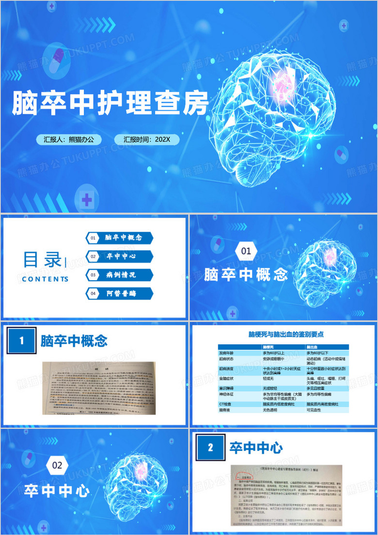 蓝色简约脑卒中护理查房PPT模板下载 熊猫办公