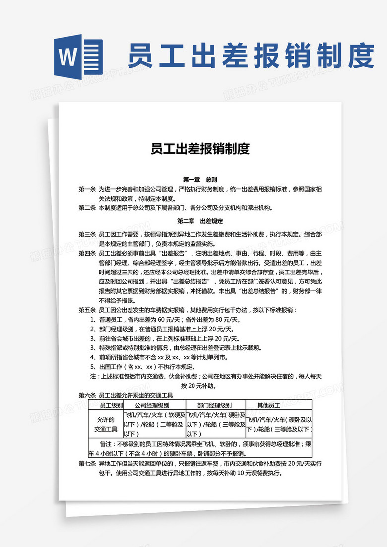 员工出差报销制度Word模板下载 熊猫办公
