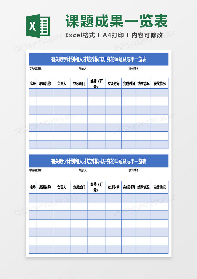 有关教学计划和人才培养模式研究的课题及成果Excel模板下载 熊猫办公