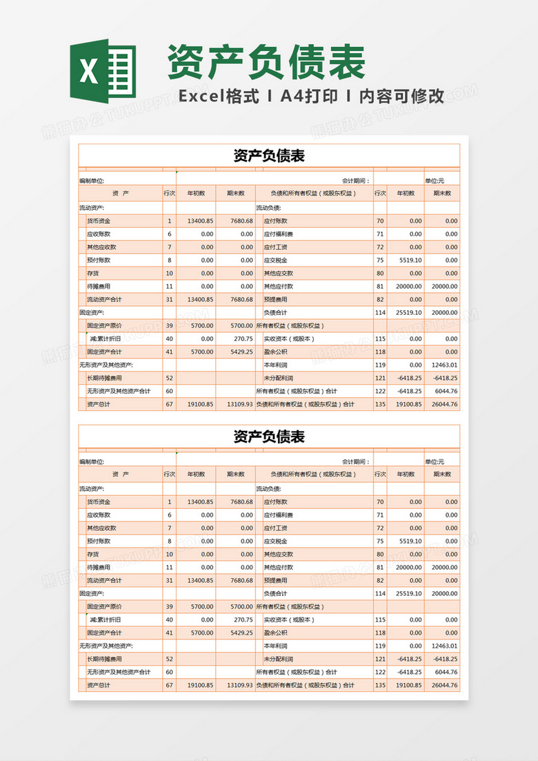 简单资产负债表模版Excel模板下载 熊猫办公