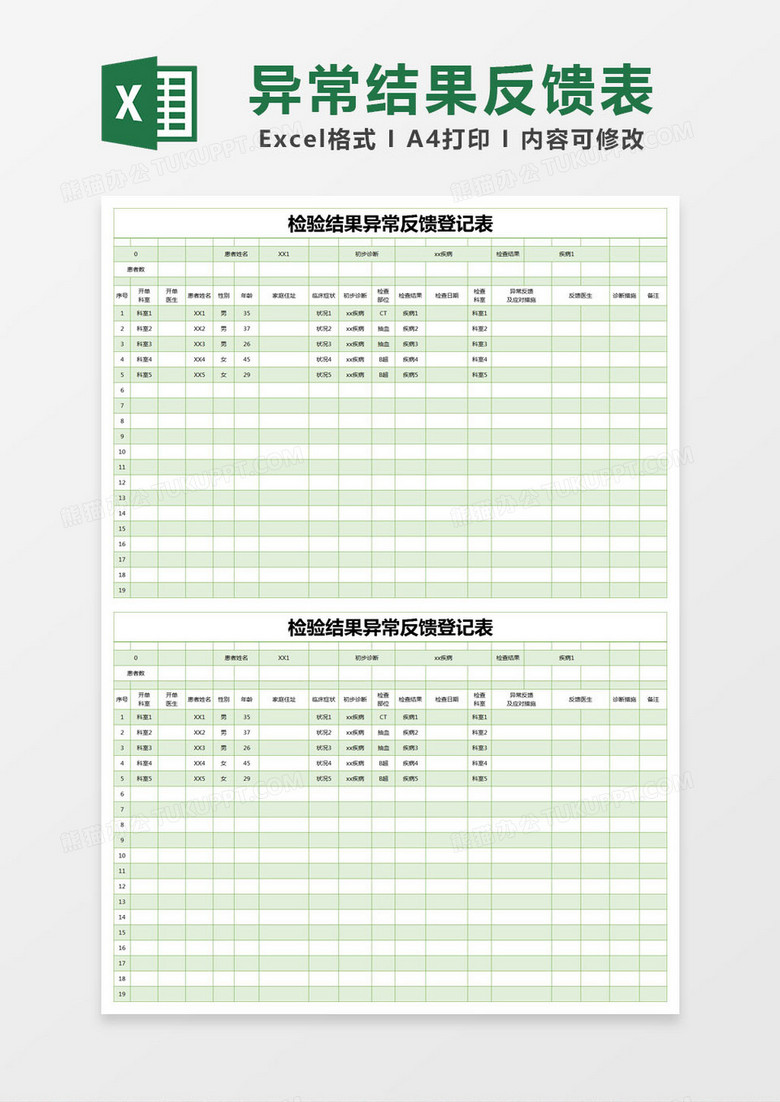 绿色简约检验结果异常反馈登记表模版Excel模板下载 熊猫办公
