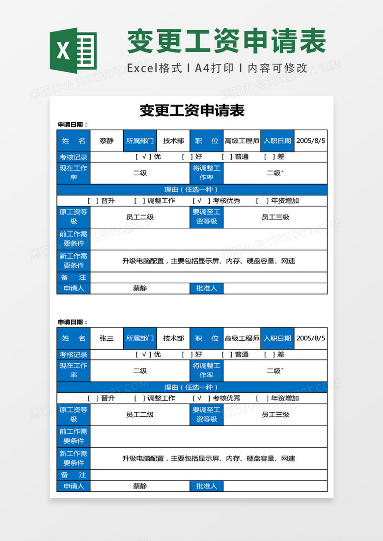 变更工资申请表表格Excel模板下载 熊猫办公