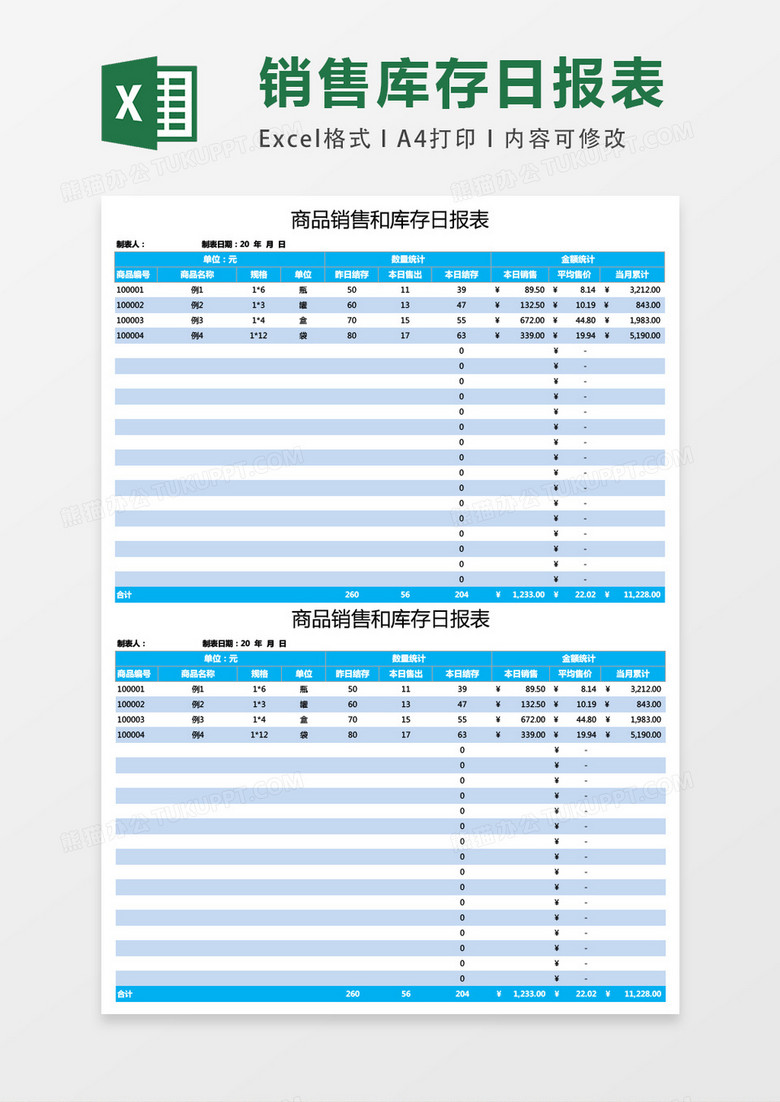 商品销售和库存日报表表格Excel模板下载 熊猫办公