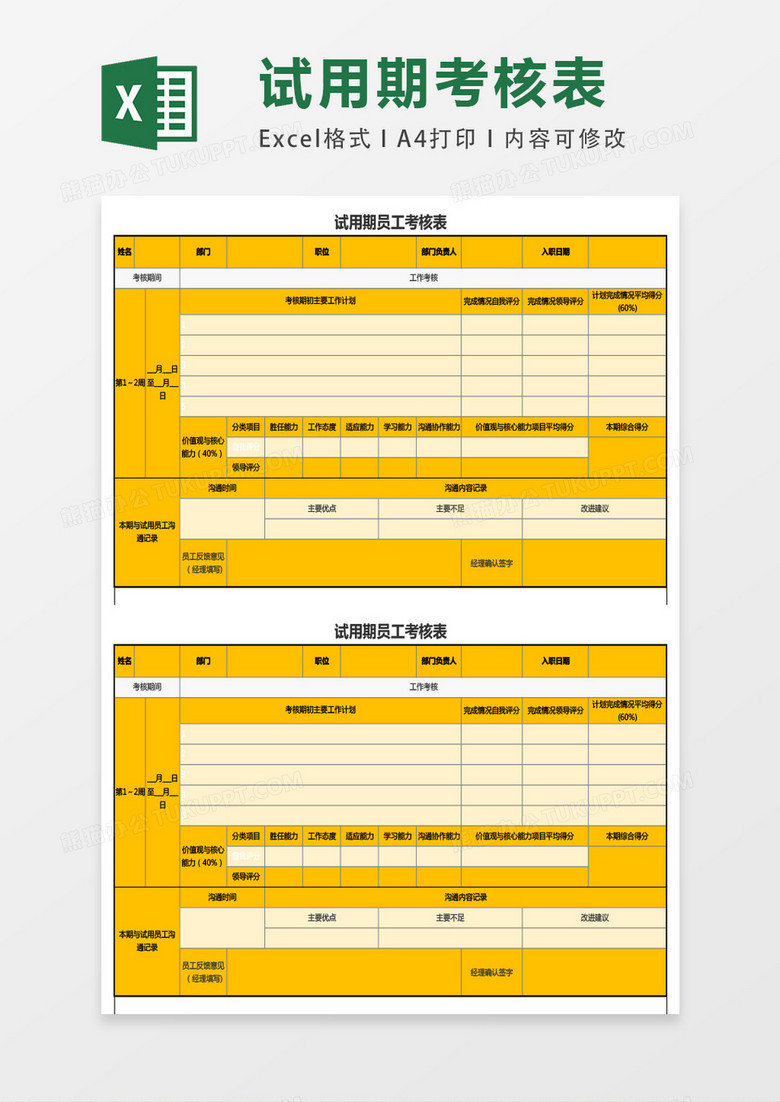 试用期员工考核表表格Excel模板下载 熊猫办公