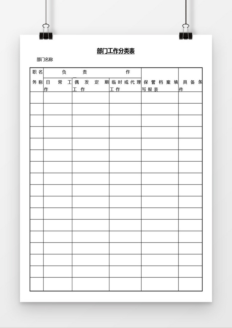 部门工作分类表文档Word模板下载 熊猫办公