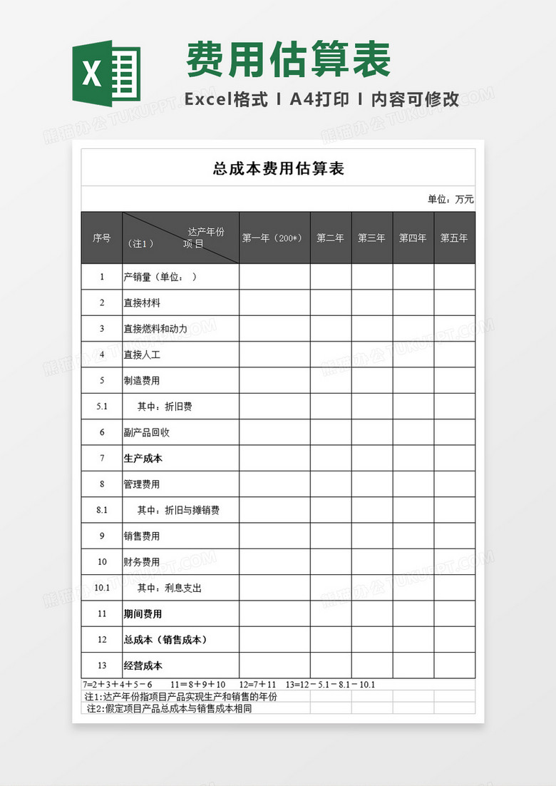 总成本费用估算表Excel模板下载 熊猫办公