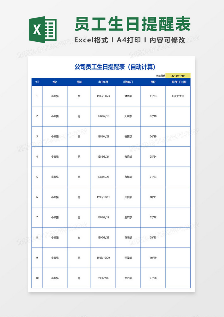 员工生日提醒表Excel模板下载 熊猫办公
