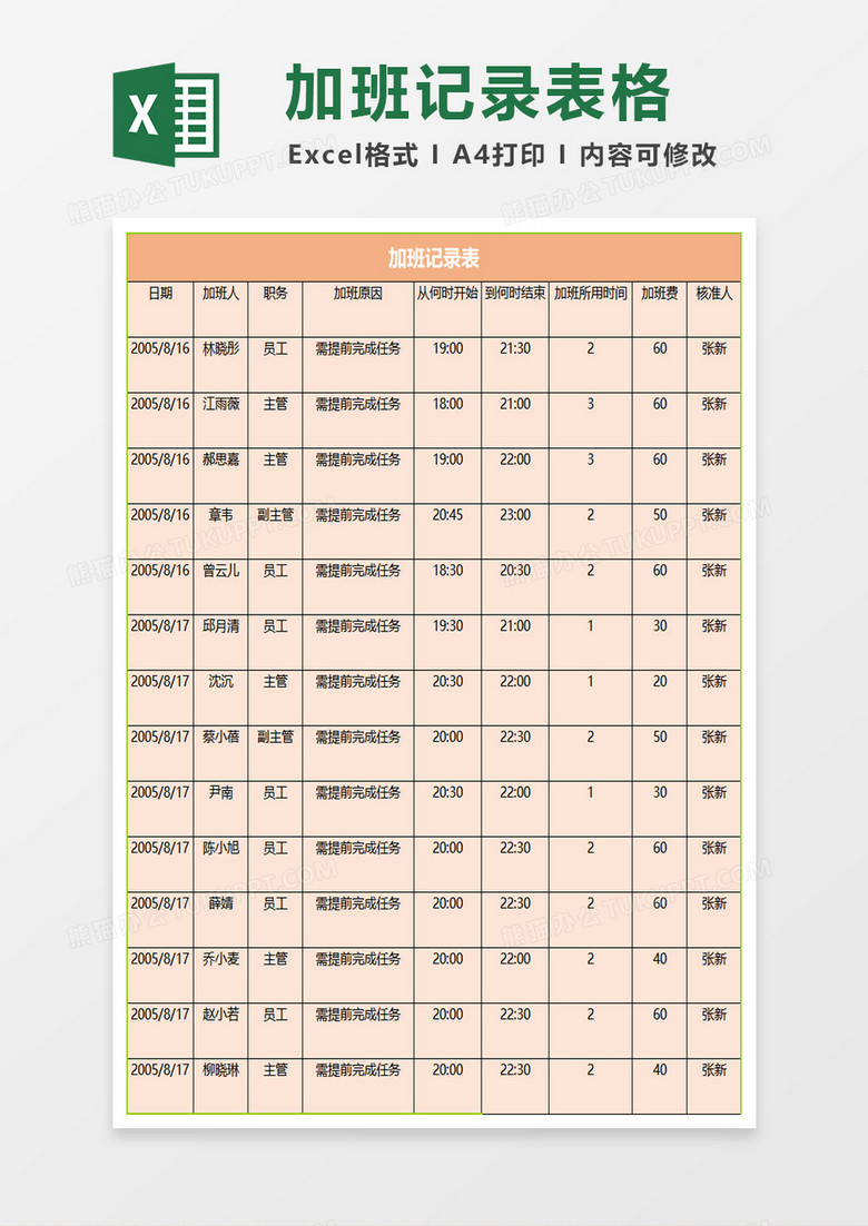 简约加班记录表Excel模板下载 熊猫办公