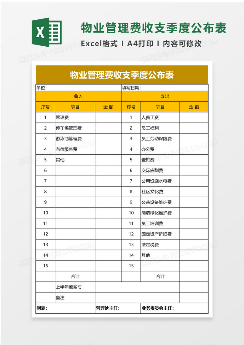 物业管理费收支季度公布表Excel模板下载 熊猫办公