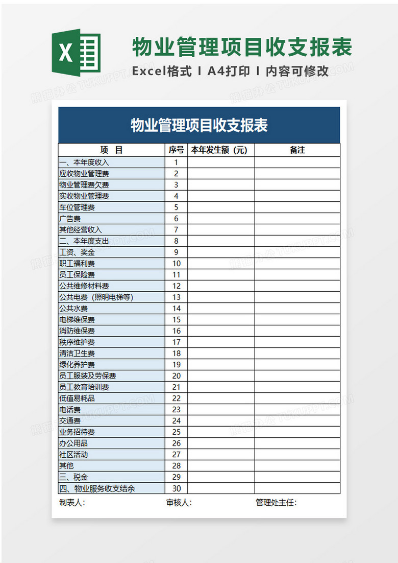 企业物业管理项目收支报表Excel模板下载 熊猫办公