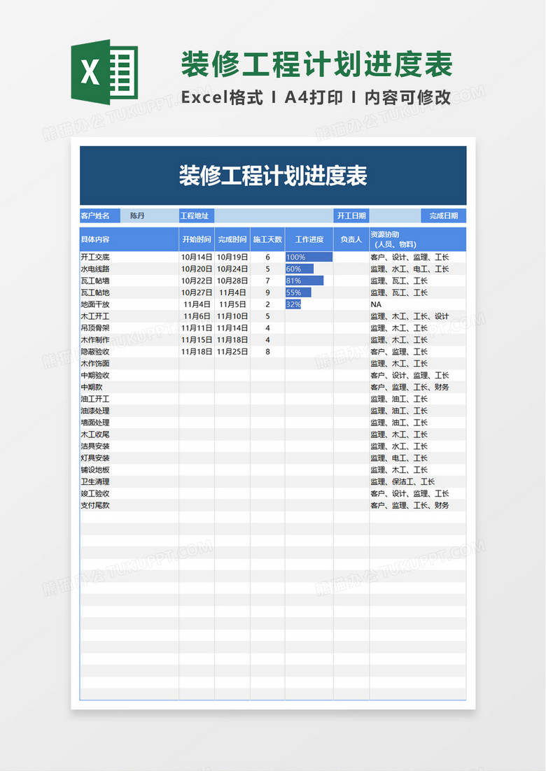 装修工程计划进度表Excel模板下载 熊猫办公