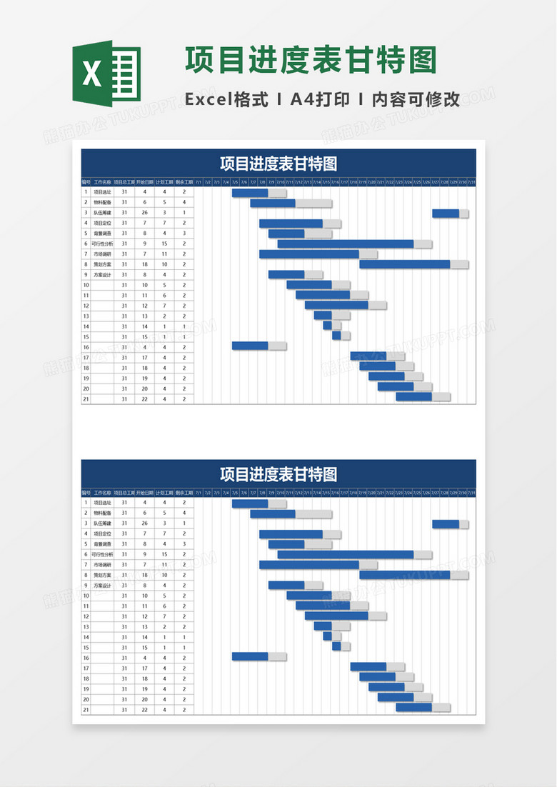 项目进度表甘特图wordExcel模板下载 熊猫办公