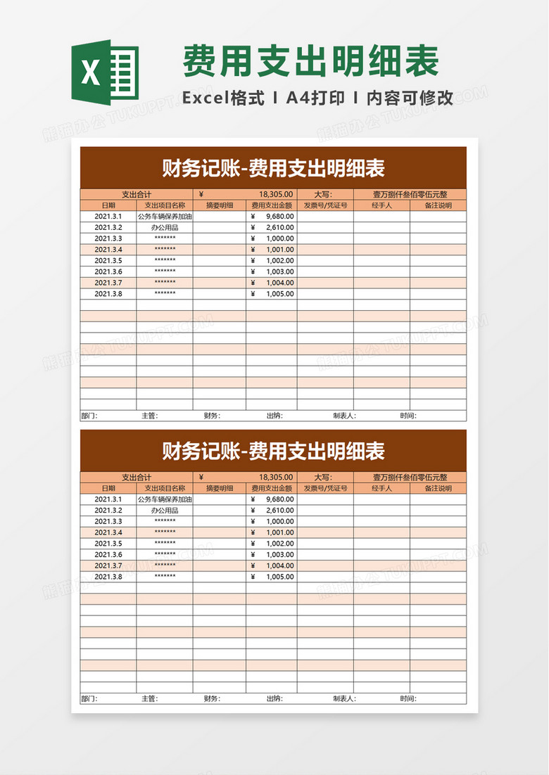 实用简洁费用支出明细表Excel模板下载 熊猫办公