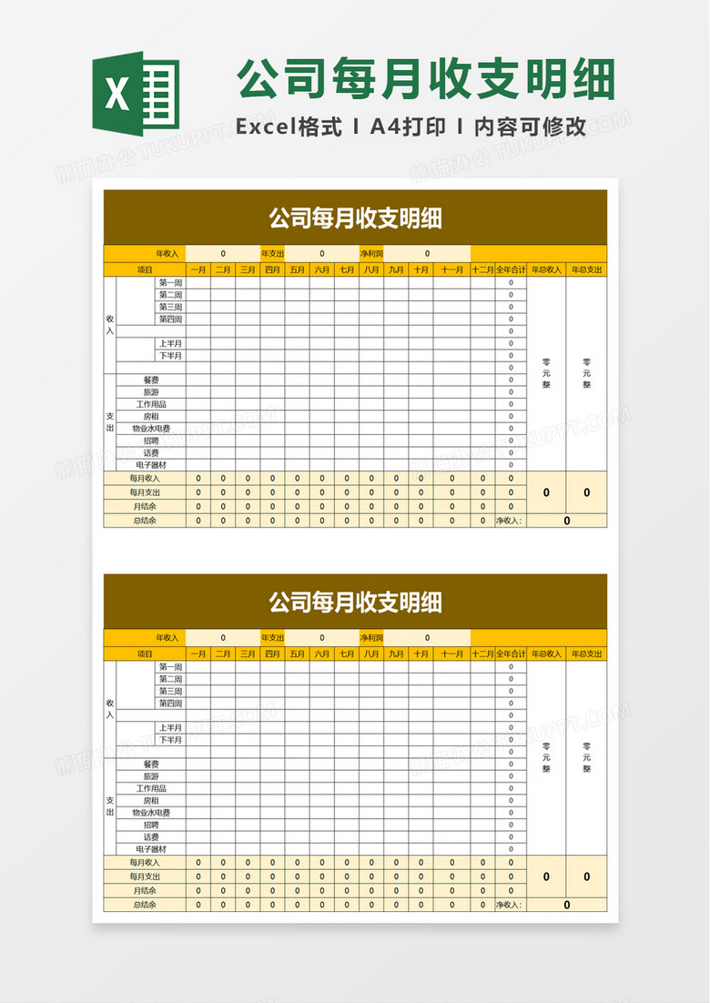 公司每月收支明细Excel模板下载 熊猫办公