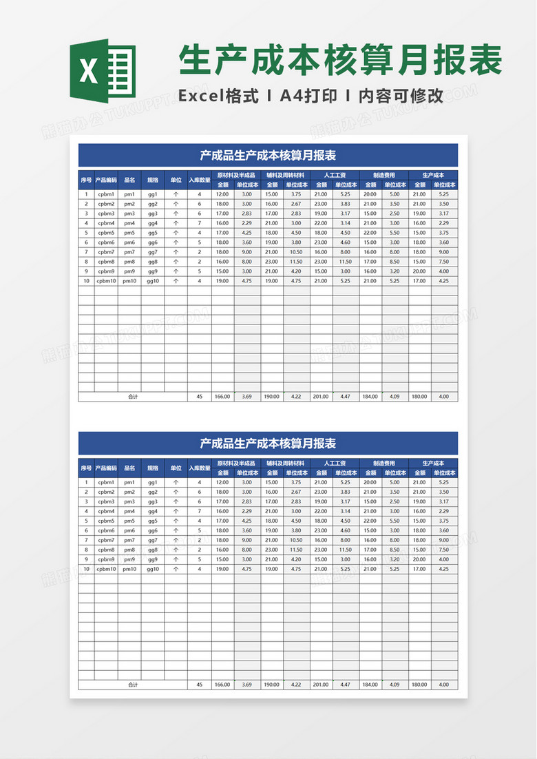 产成品生产成本核算月报表Excel模板下载 熊猫办公