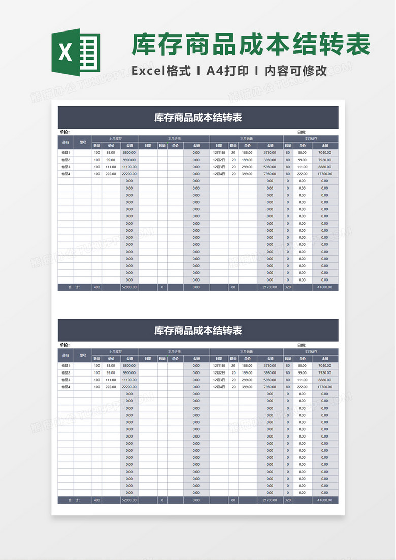 库存商品成本结转表Excel模板下载 熊猫办公