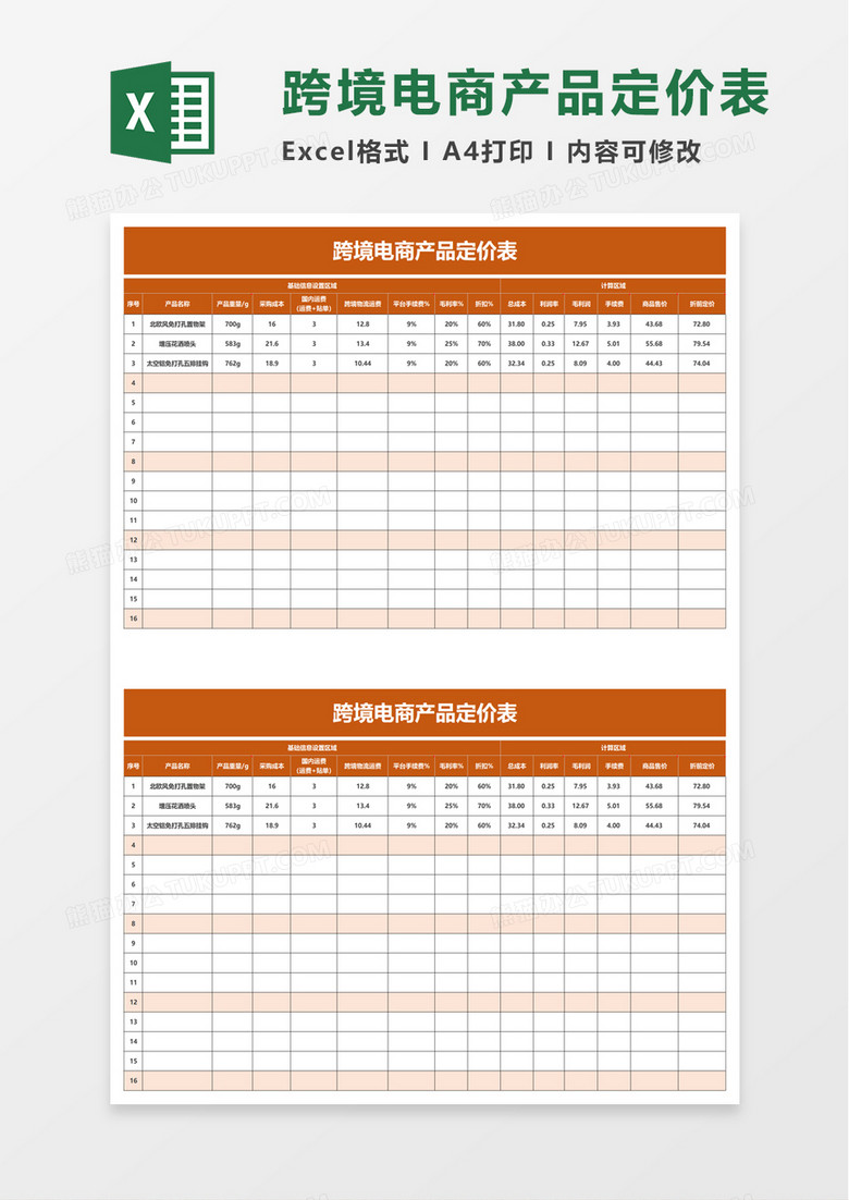跨境电商产品定价表excleExcel模板下载 熊猫办公