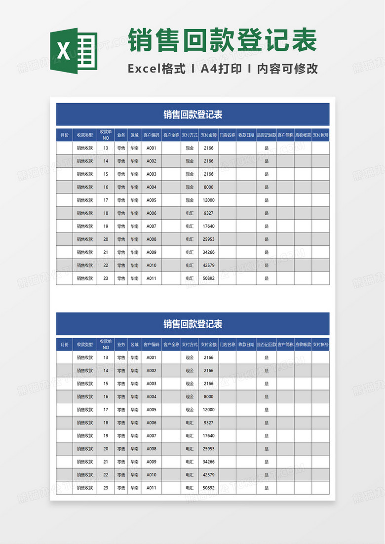销售回款登记表Excel模板下载 熊猫办公