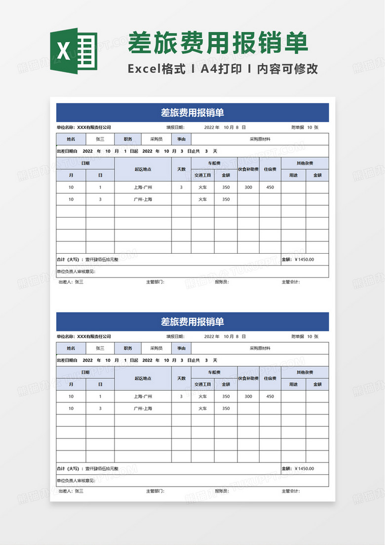 简洁个人差旅费用报销单Excel模板下载 熊猫办公