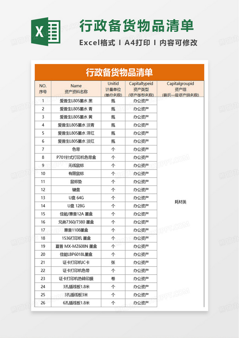 行政备货物品清单Excel模板下载 熊猫办公