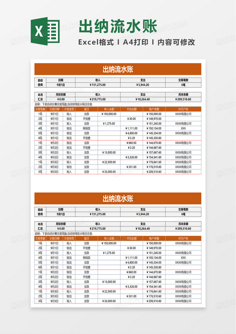出纳流水账Excel模板下载 熊猫办公