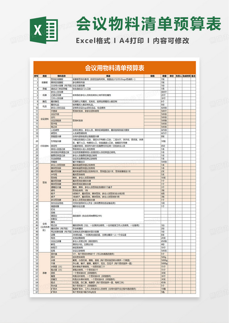 会议用物料清单预算表Excel模板下载 熊猫办公