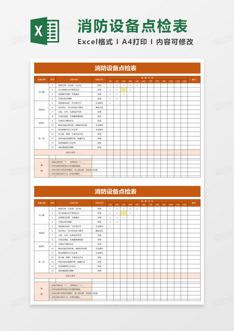 消防设备点检表Excel模板下载 熊猫办公