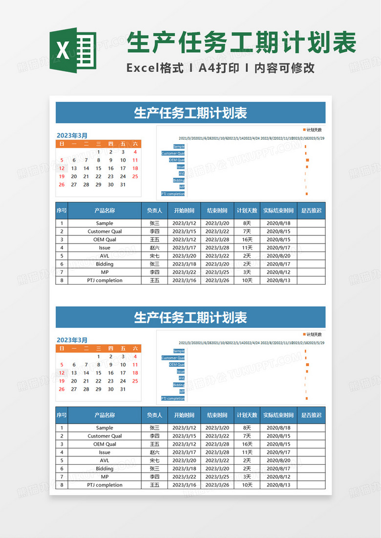 简洁生产任务工期计划表Excel模板下载 熊猫办公