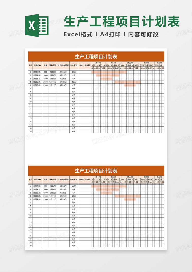 生产工程项目计划表Excel模板下载 熊猫办公
