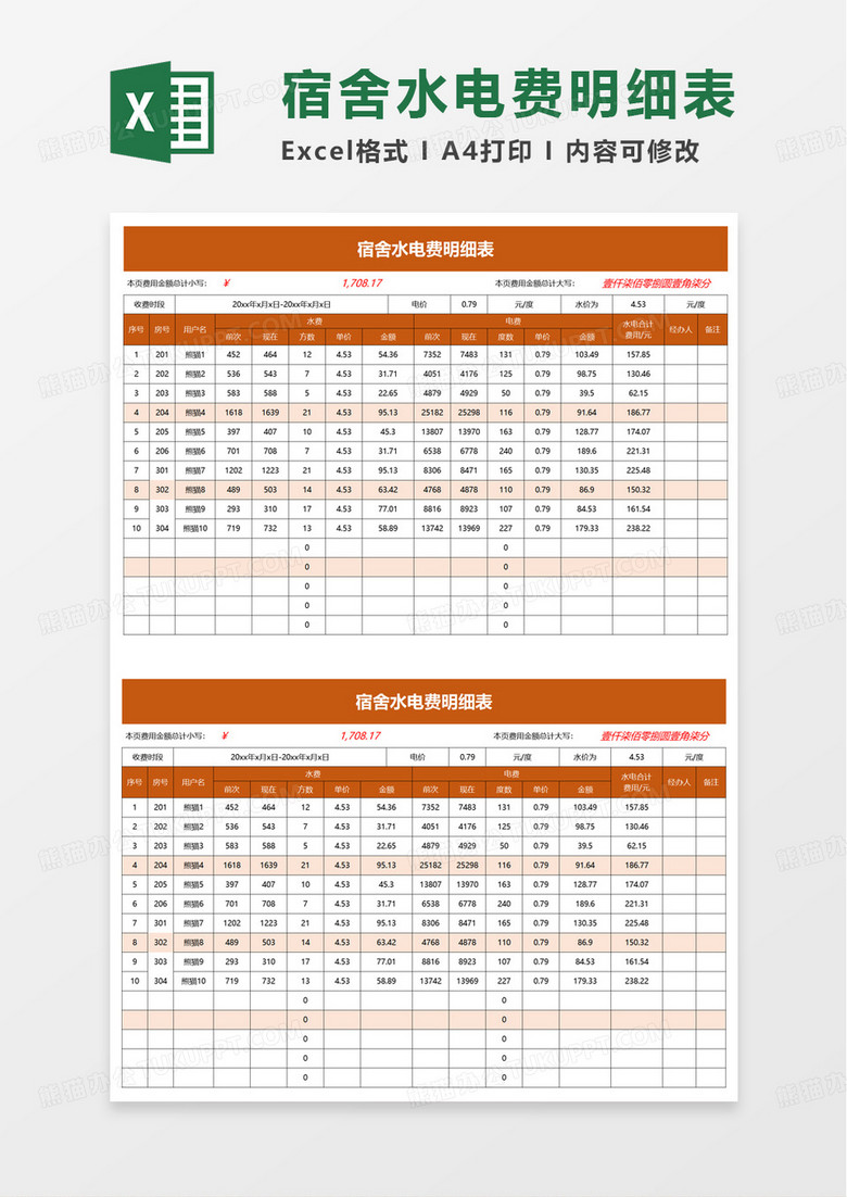 宿舍水电费明细表Excel模板下载 熊猫办公
