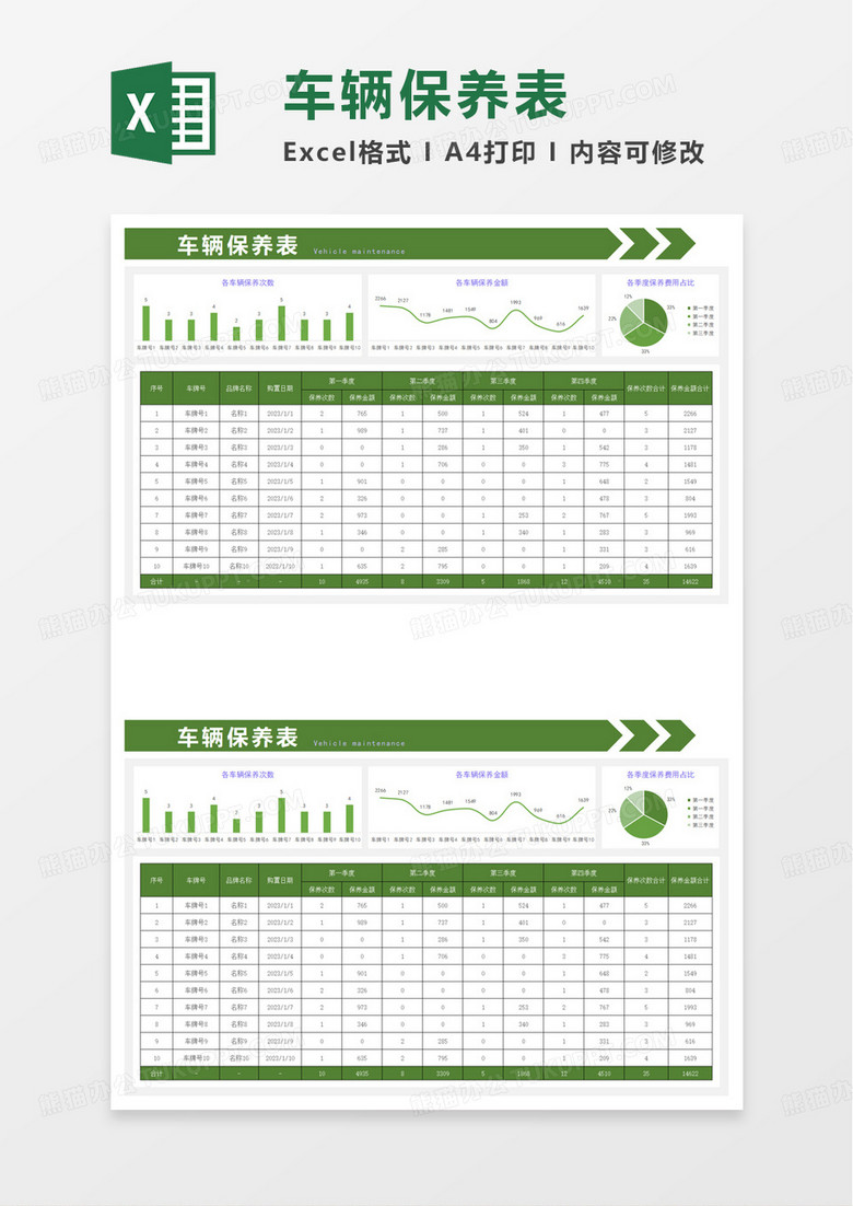 车辆保养表Excel模板下载 熊猫办公