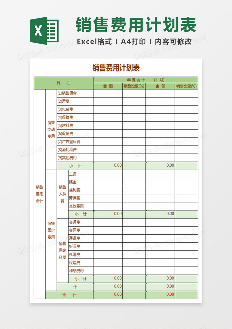 公司销售费用计划表Excel模板下载 熊猫办公