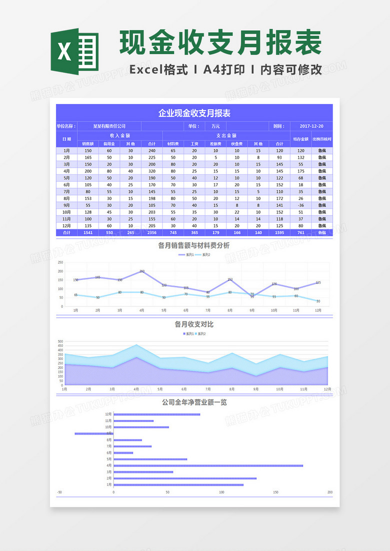 蓝色建业u现金收支月报表Excel模板下载 熊猫办公