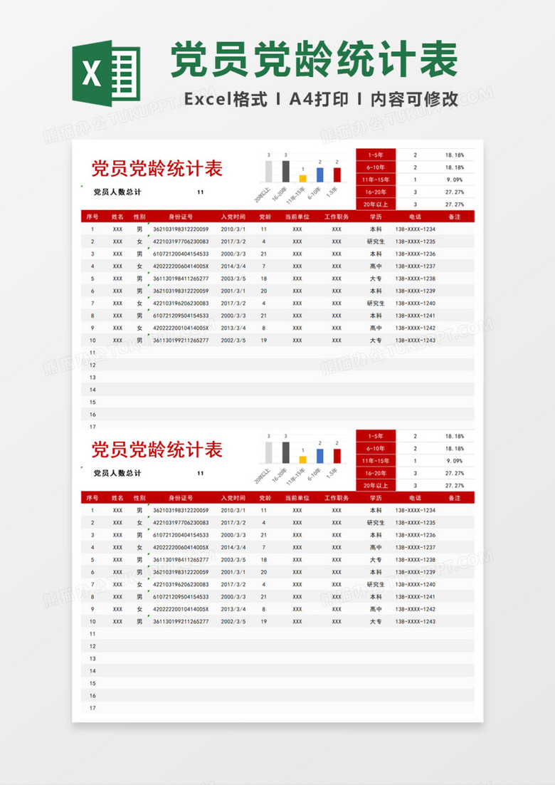 党员党龄统计表Excel模板下载 熊猫办公