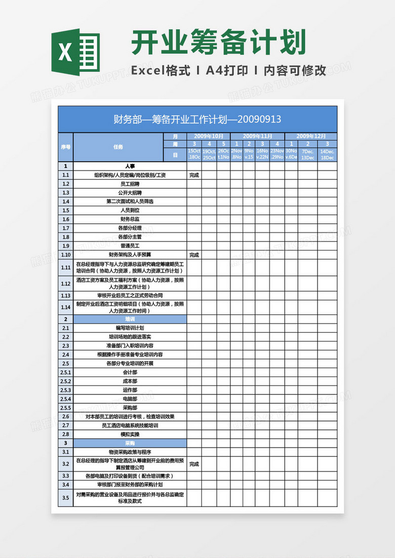 酒店财务部开业筹备工作计划Excel模板下载 熊猫办公