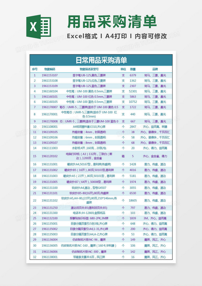 日常用品采购清单Excel模板下载 熊猫办公