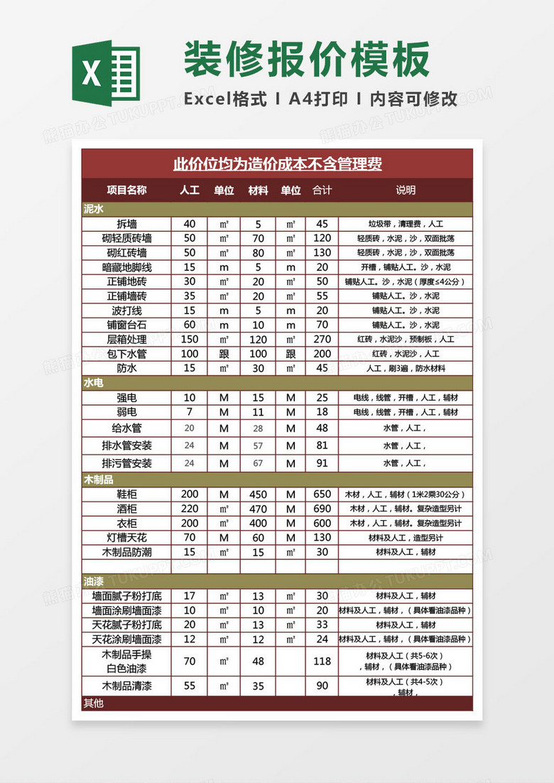 装修人工及材料报价参考Excel模板下载 熊猫办公