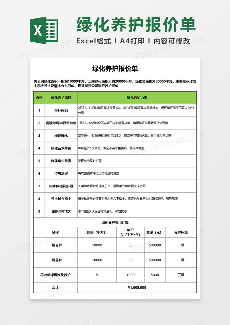 绿化养护报价单execlExcel模板下载 熊猫办公